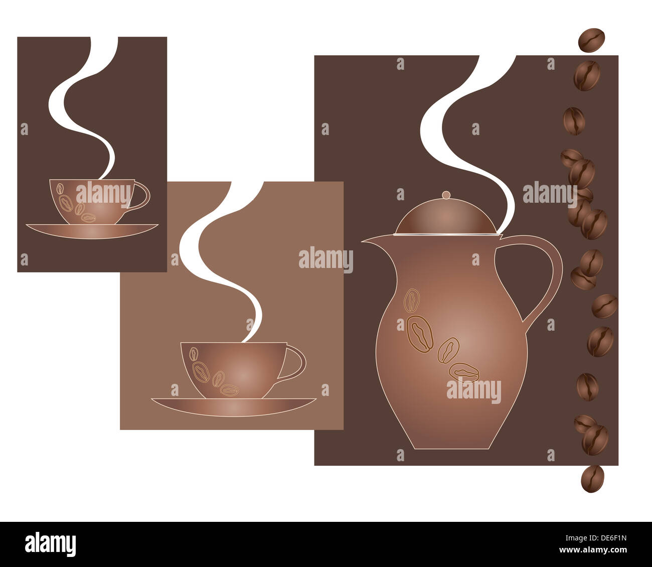 an illustration of an abstract coffee pot with matching cups steam and ...