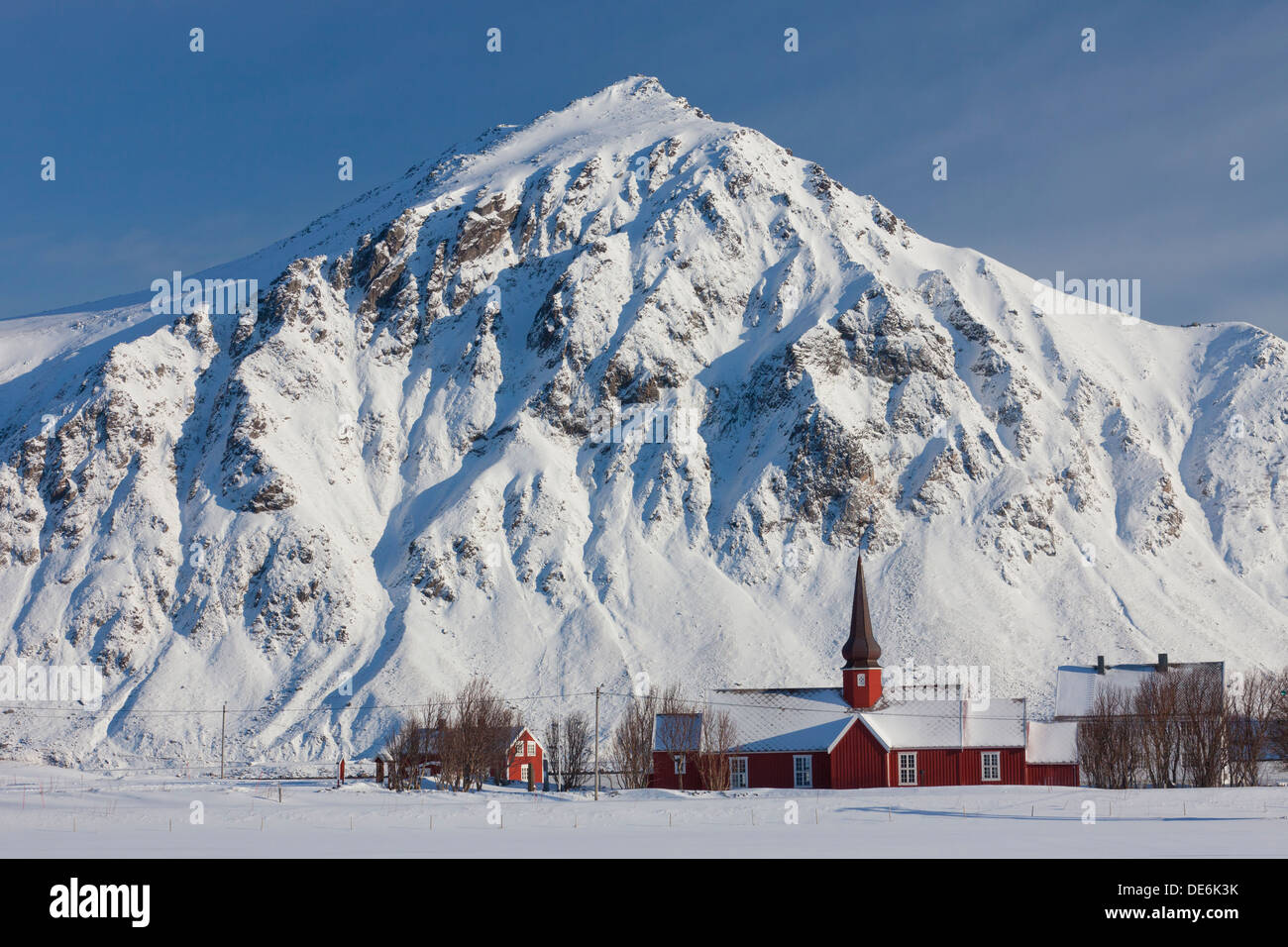 Flakstad church in the snow in winter, Fylke Nordland, Lofoten Islands ...