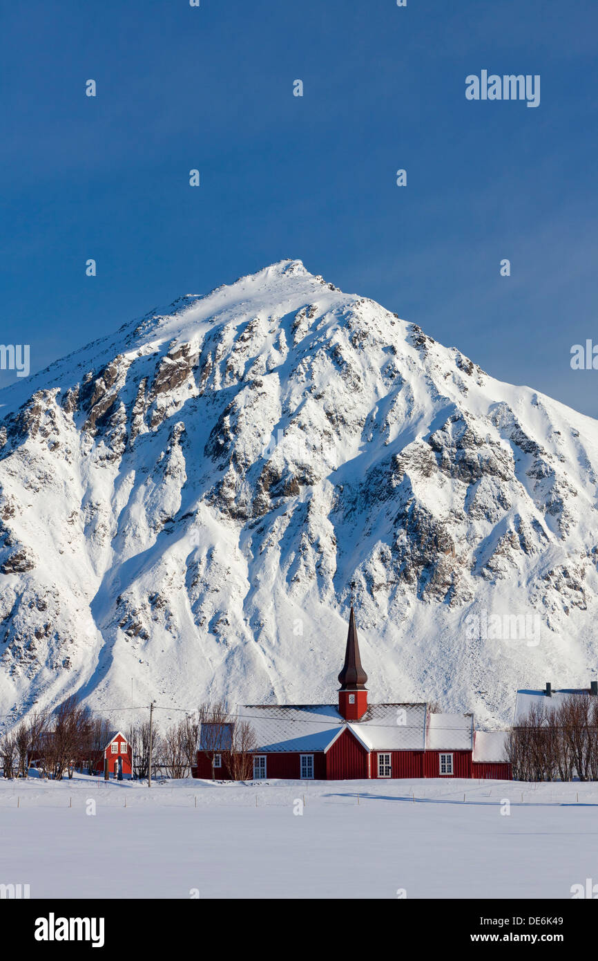 Flakstad church in the snow in winter, Fylke Nordland, Lofoten Islands ...