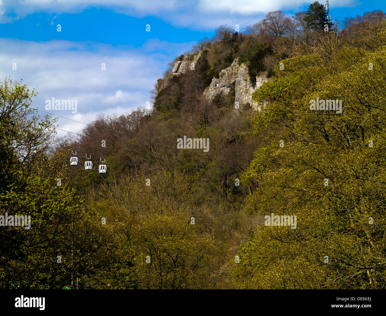 High Tor limestone cliffs and cable cars at Matlock Bath a spa resort ...