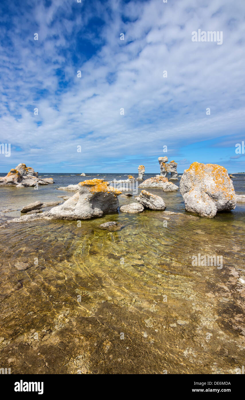 Sea stacks (raukar) on Fårö island in Gotland, Sweden. These limestone ...