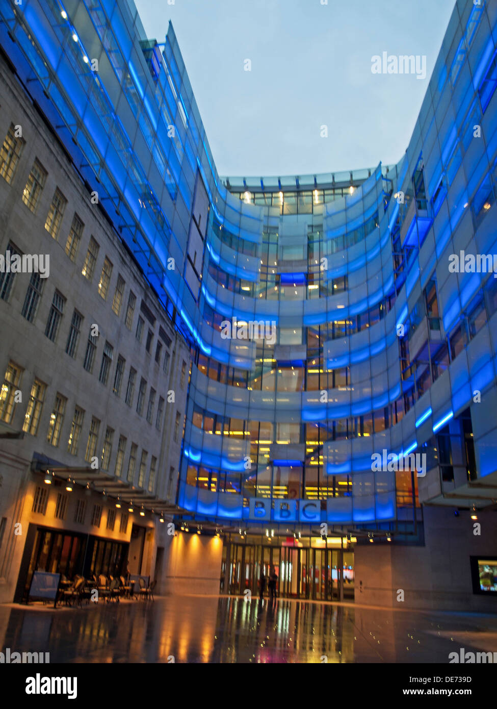 Illuminated view of the BBC Broadcasting House East Wing, Langham Place ...