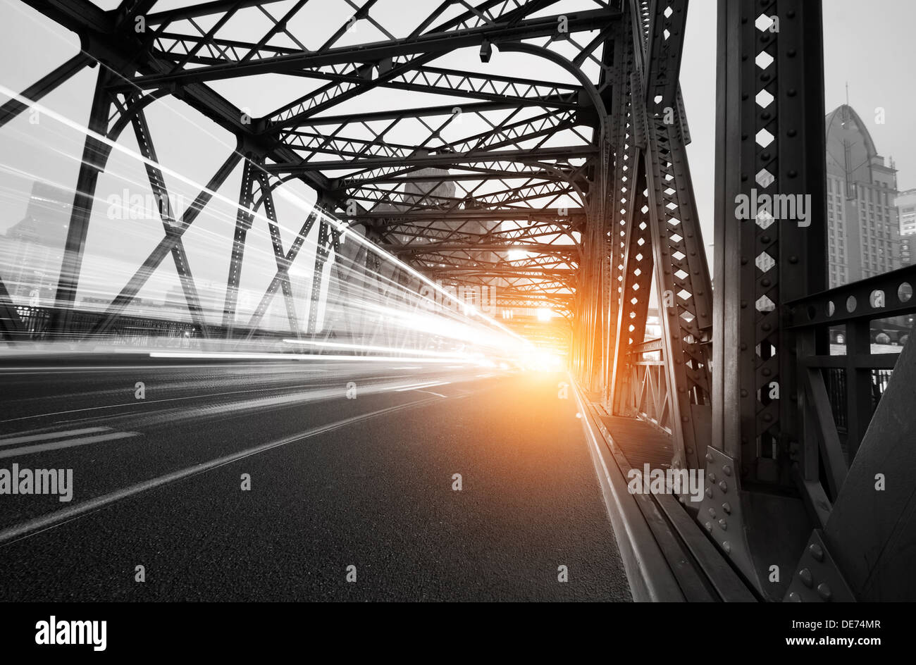 Night traffic lights inside of the Garden Bridge of shanghai china ...