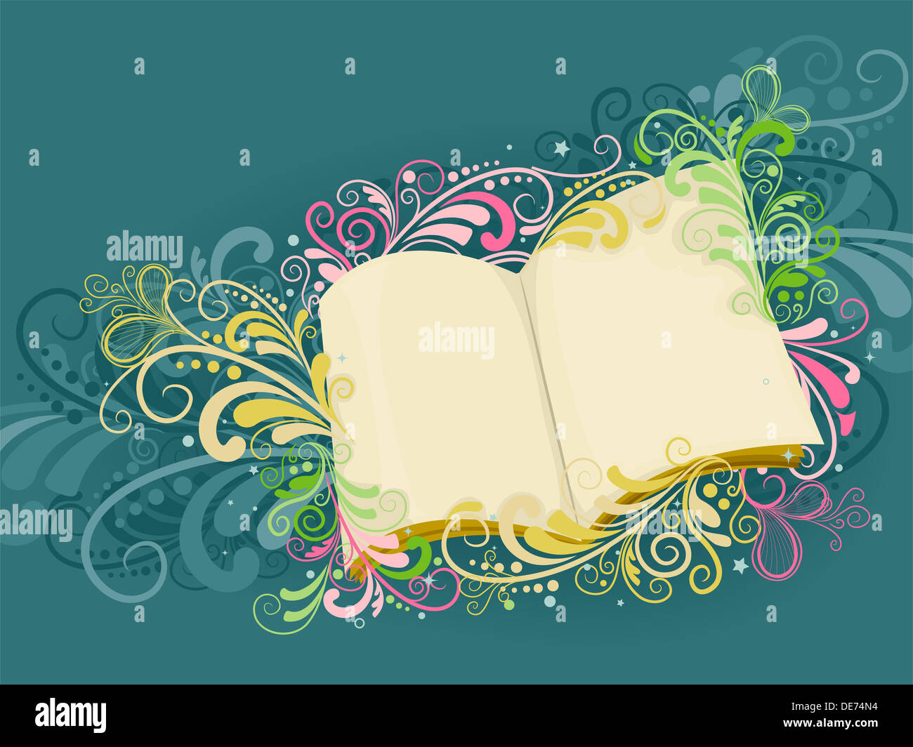 Background Illustration of Open Book with Swirls Stock Photo - Alamy