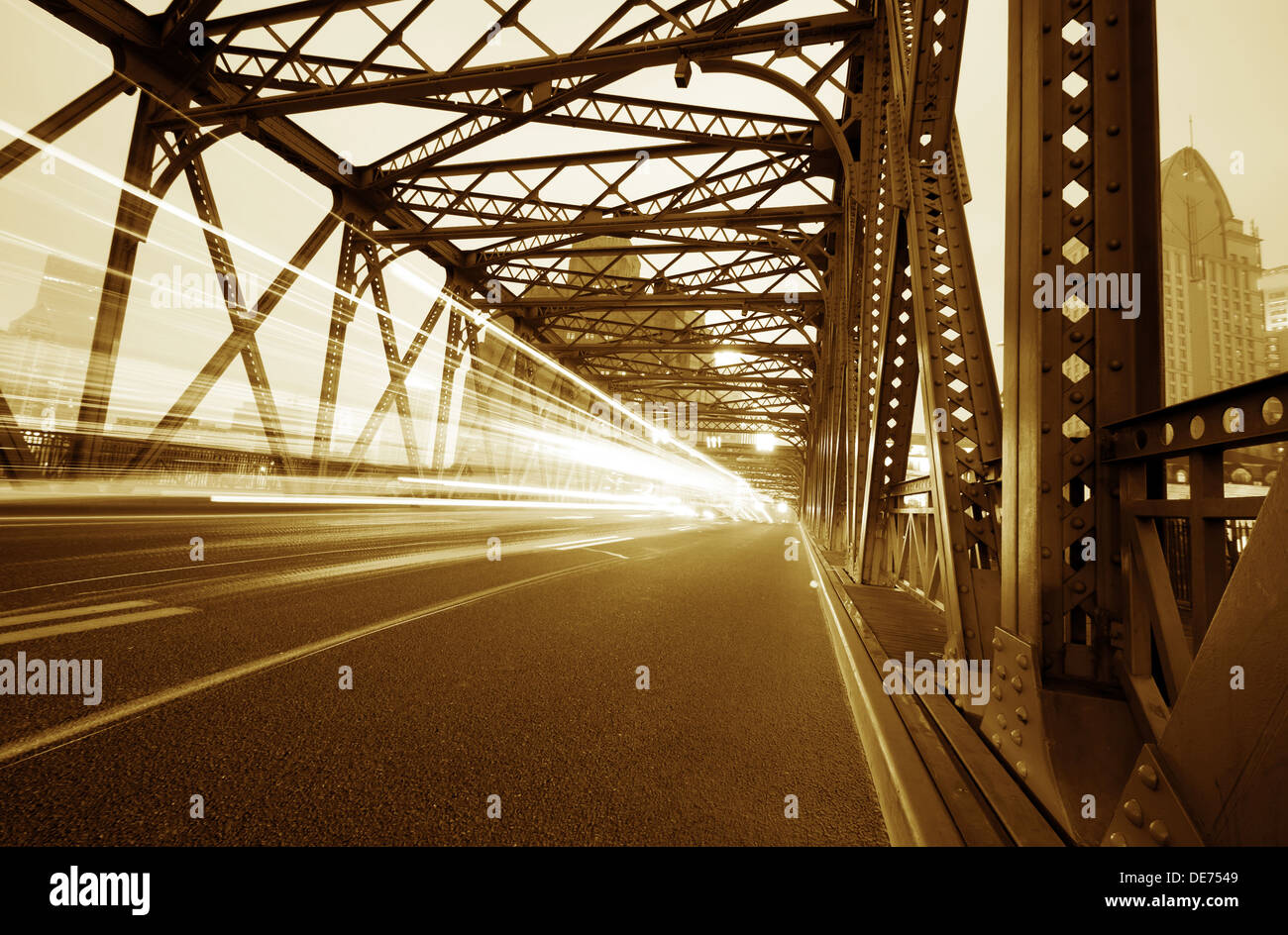 Night traffic lights inside of the Garden Bridge of shanghai china ...