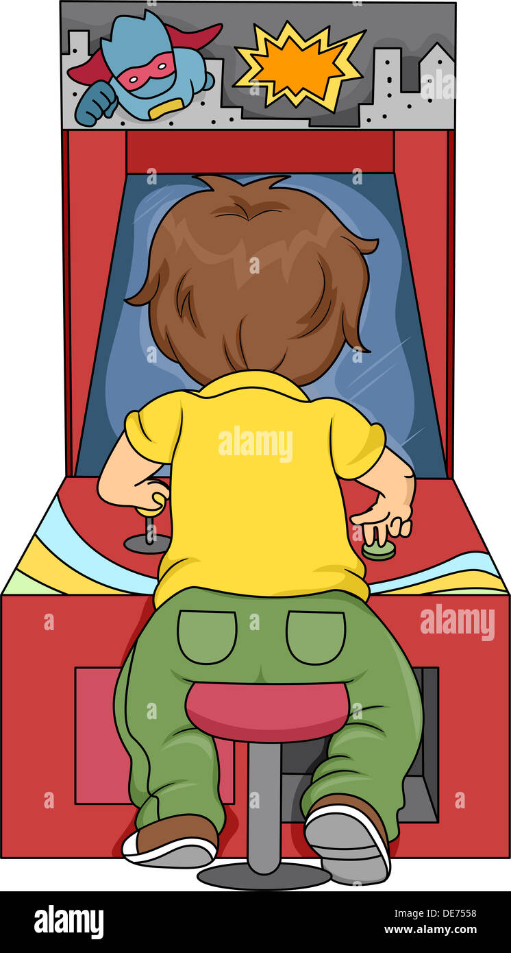 Rear View Illustration of Kid Boy Playing in Arcade Stock Photo - Alamy