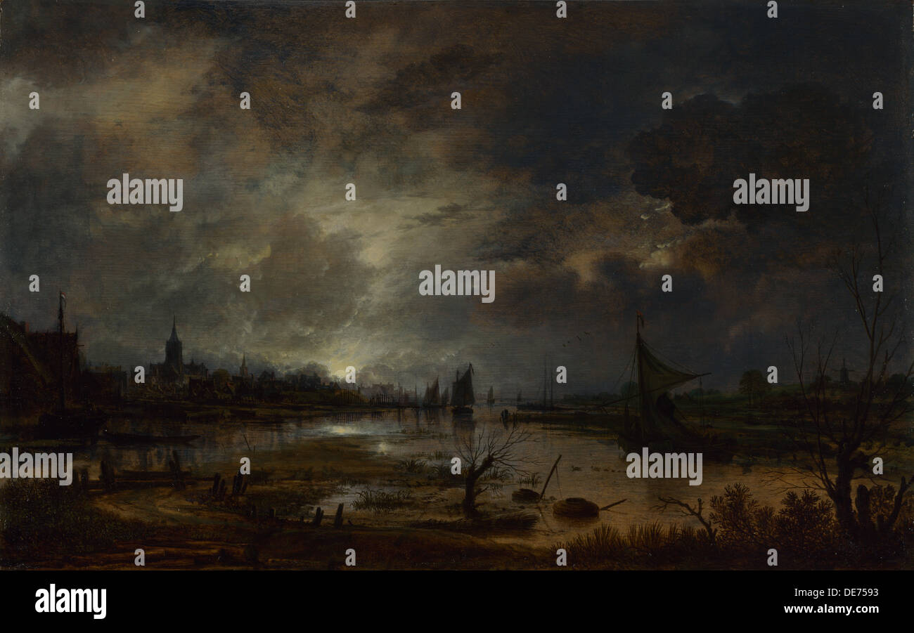 A River near a Town, by Moonlight, c. 1645. Artist: Neer, Aert, van der ...