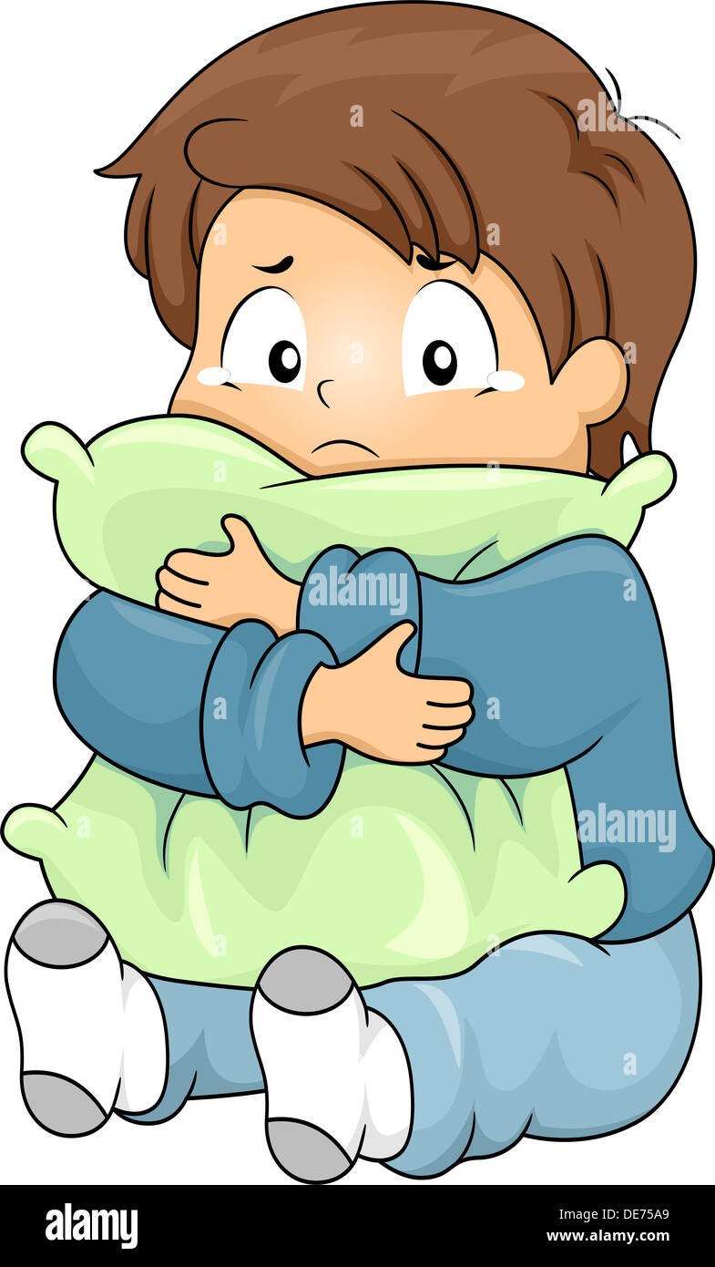 Illustration of Kid Boy Crying while Hugging a Pillow Stock Photo - Alamy