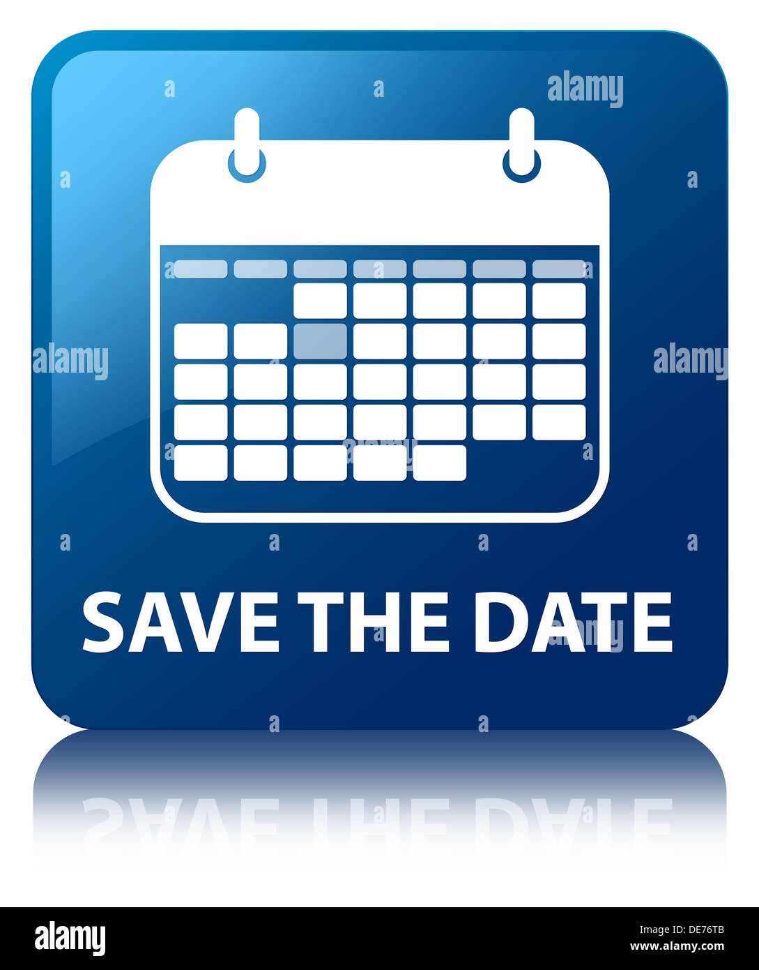 Save the date glossy blue square button Stock Photo - Alamy