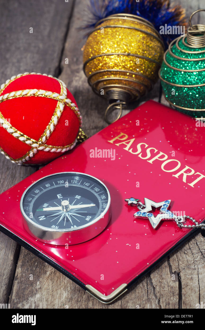 compass traveler and Christmas decorations Stock Photo - Alamy