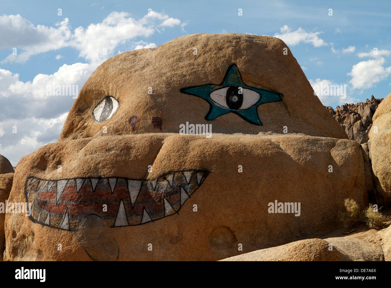 A painted boulder (biotite monzogranite) in the Alabama hills west of ...