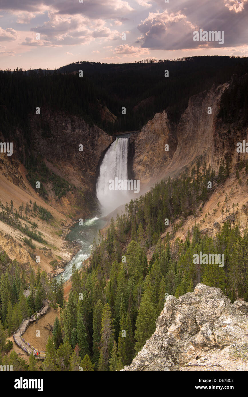 Photograph of the lower falls of the Yellowstone river shot at sunset ...