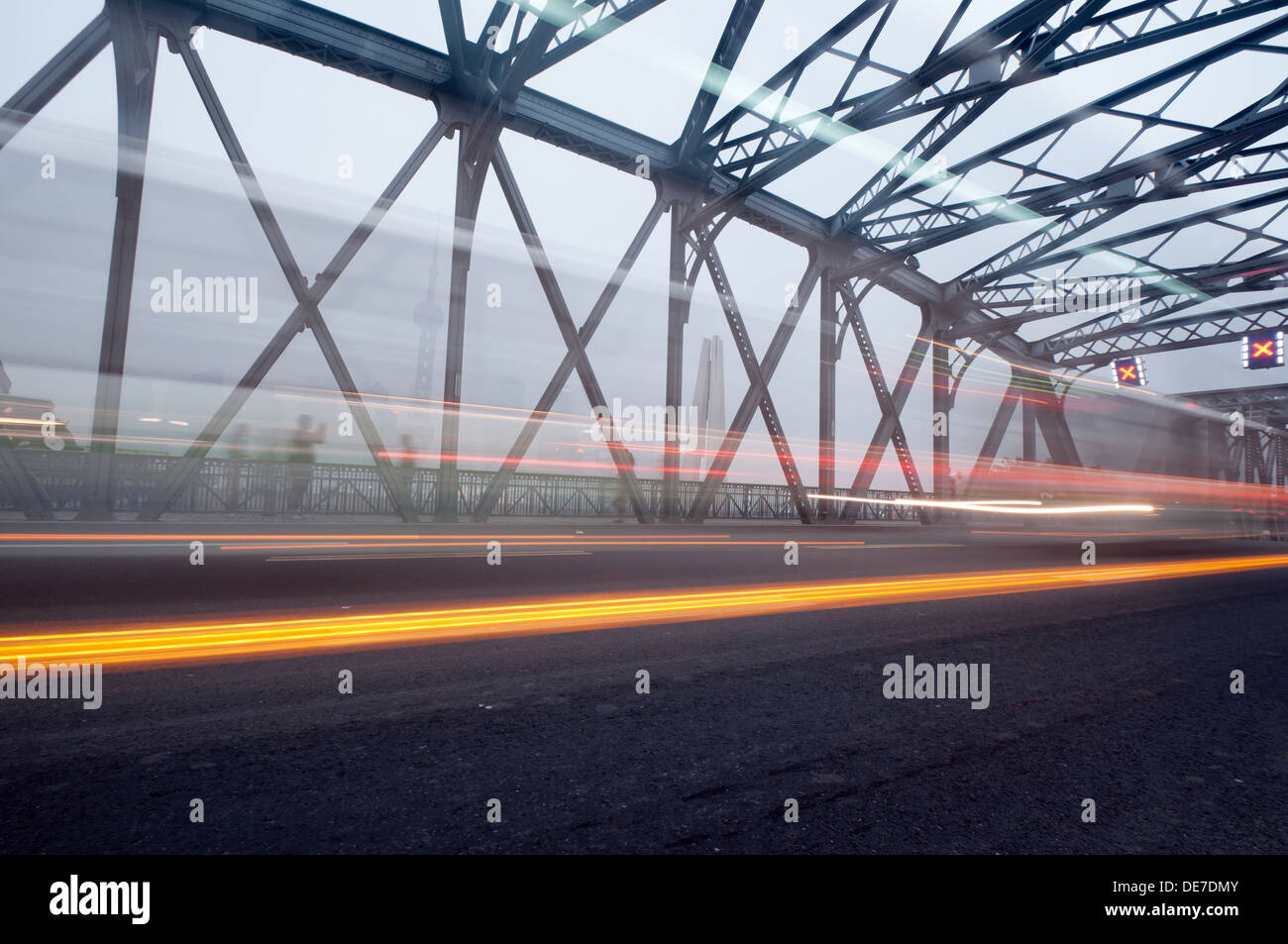 Night traffic lights inside of the Garden Bridge of shanghai china ...