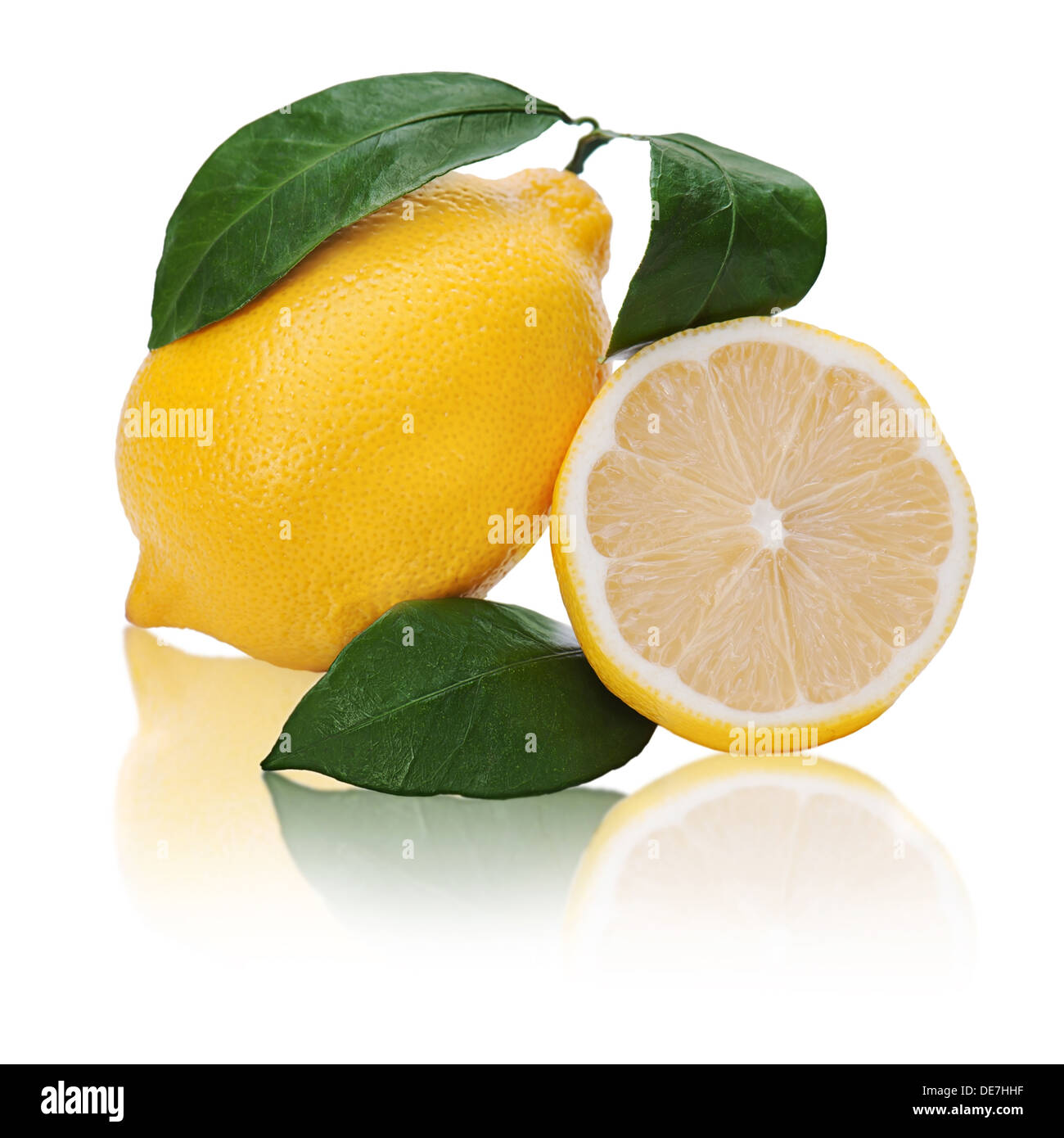 fresh lemon citrus with cut and green leaves isolated on white ...