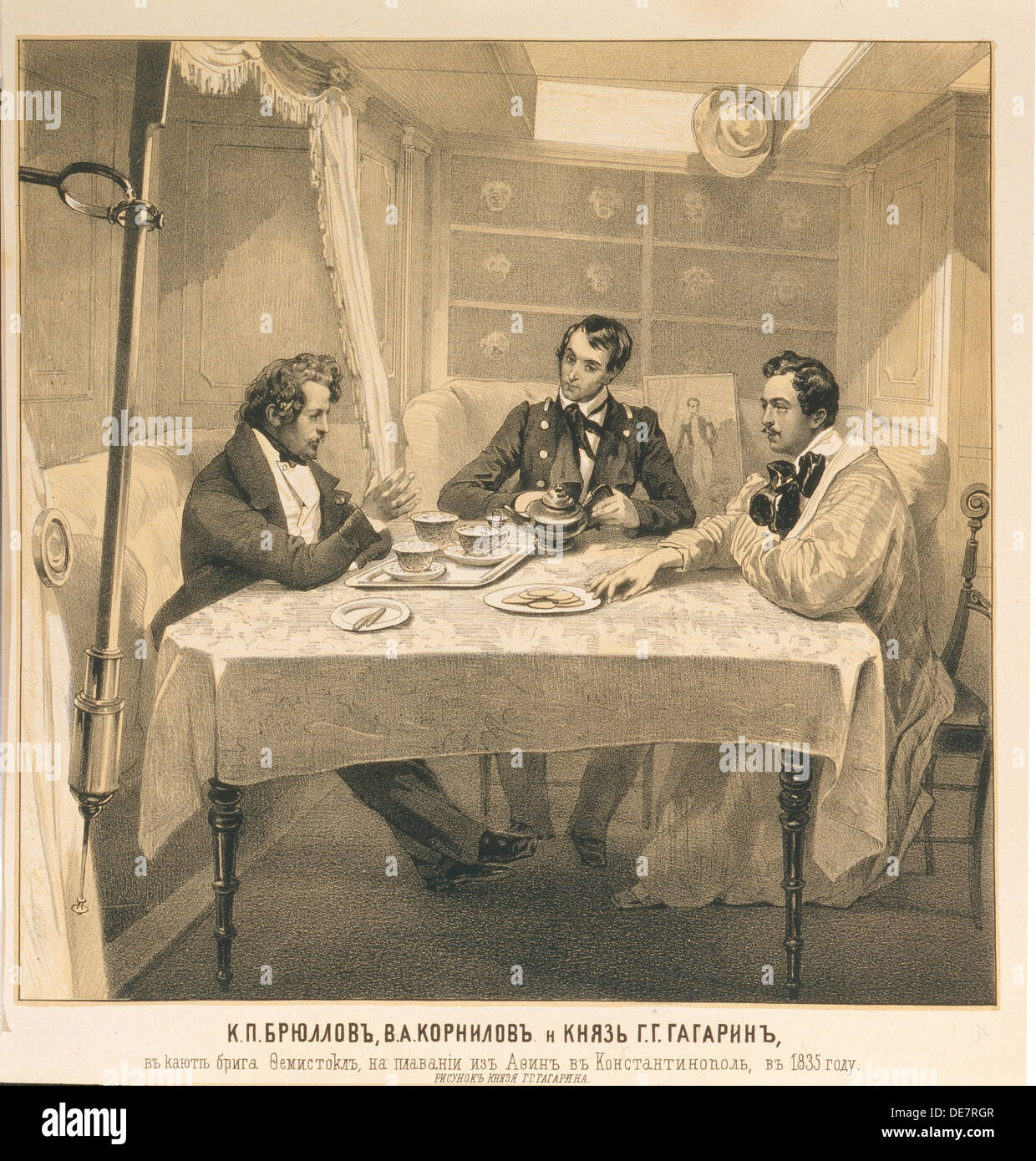 Karl Bryullov, Vladimir Kornilov and Count Grigori Gagarin aboard the brig Themistocles, 1835 ...