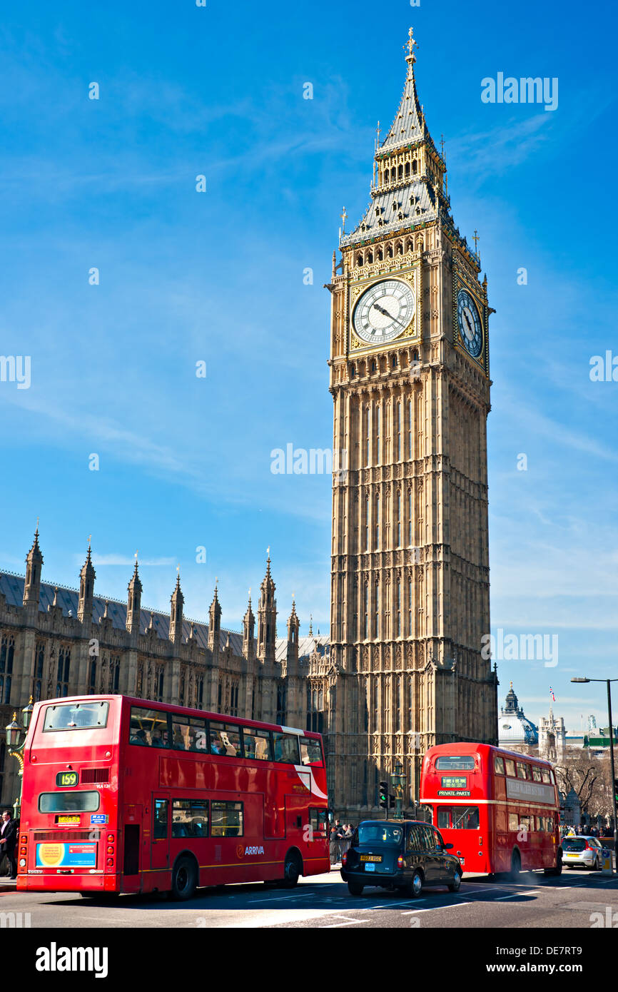 The Big Ben and two double decker bus, London, UK Stock Photo - Alamy