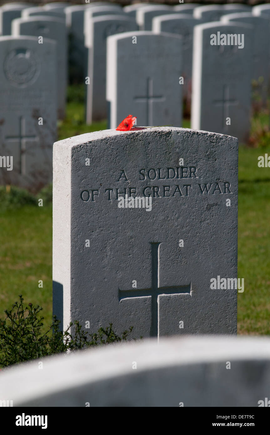 Poppy on headstone in British war cemetery Connaught Cemetery, Thiepval ...