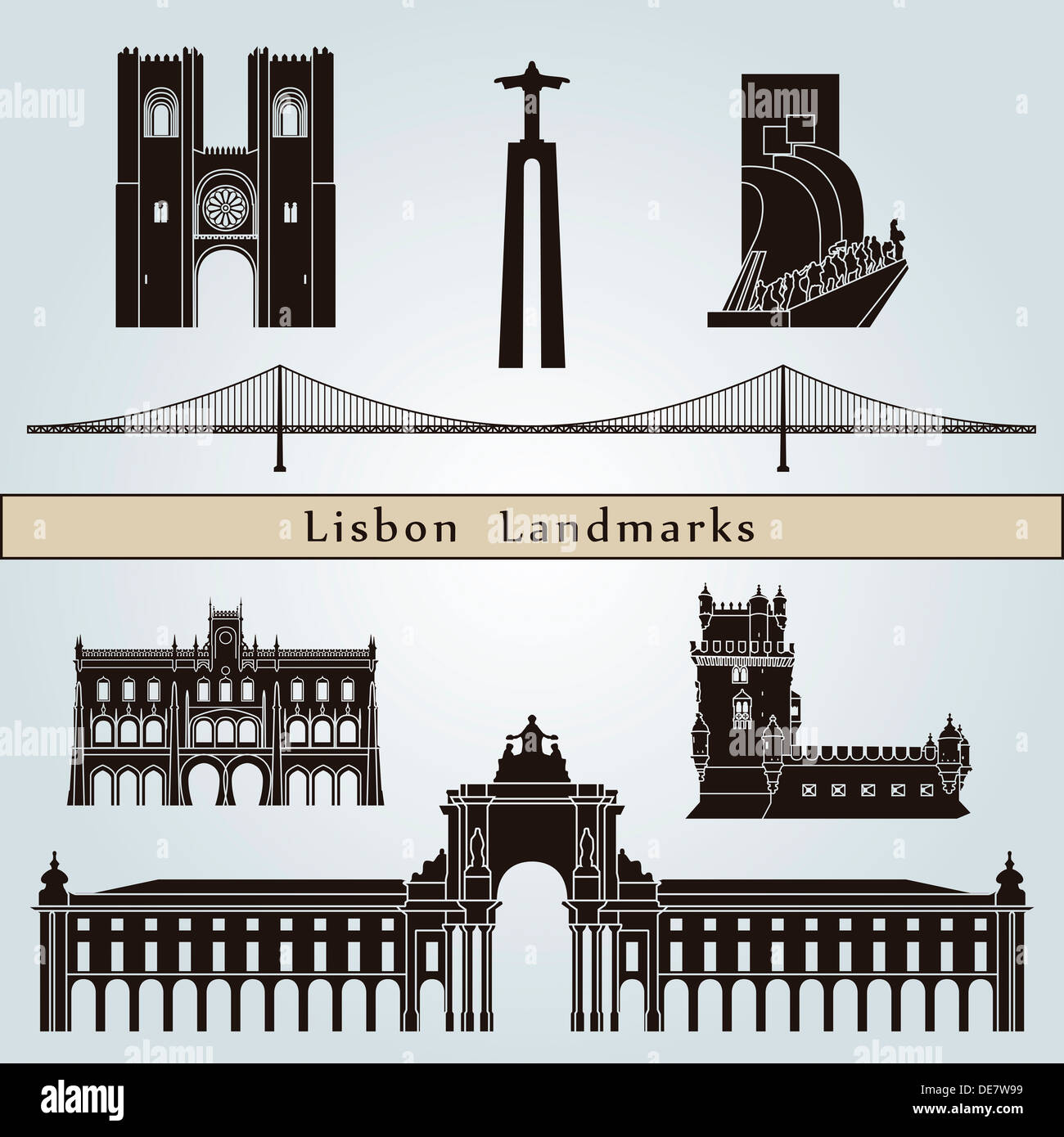 Lisbon landmarks and monuments isolated on blue background Stock Photo ...