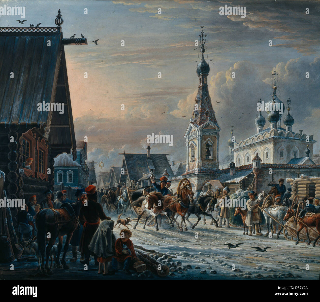 Street with Mail Coaches, 1829. Artist: Orlowski, Alexander Osipovich ...