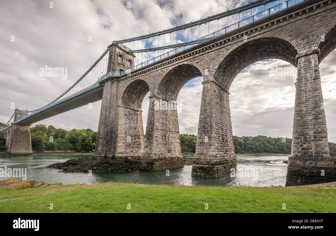 The Menai suspension bridge over the Menai Strait in Gwynedd North ...