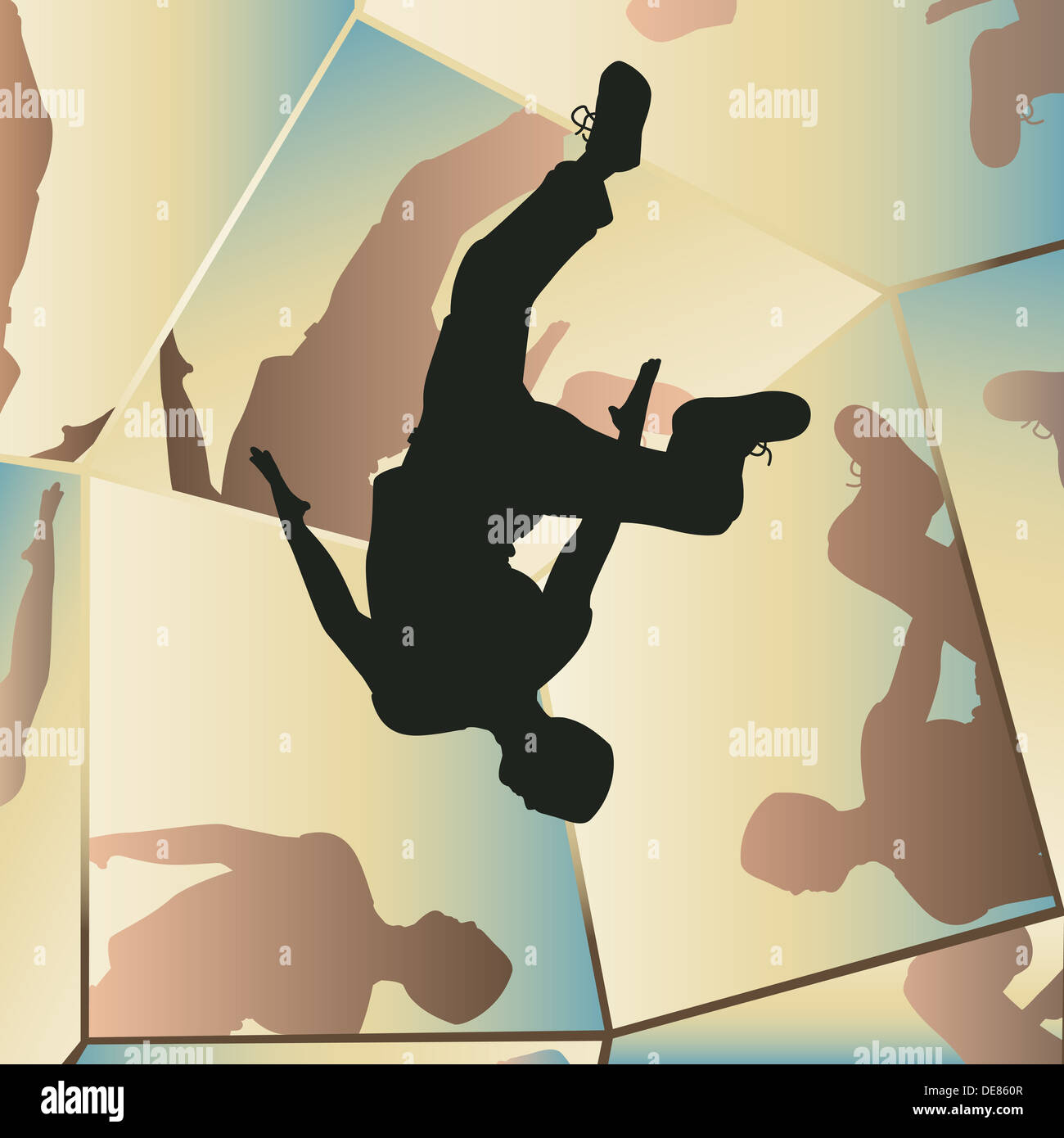 Illustration of a young man somersaulting with mirror reflections Stock ...