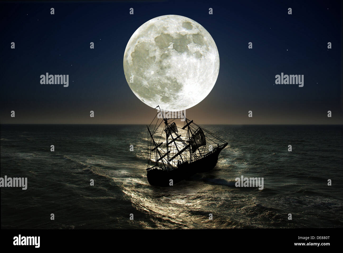 Old sailing ship night moon hi-res stock photography and images - Alamy