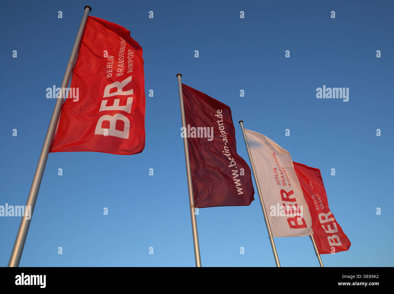 Schoenefeld, Germany, red and white flag with the logo BER Stock Photo ...