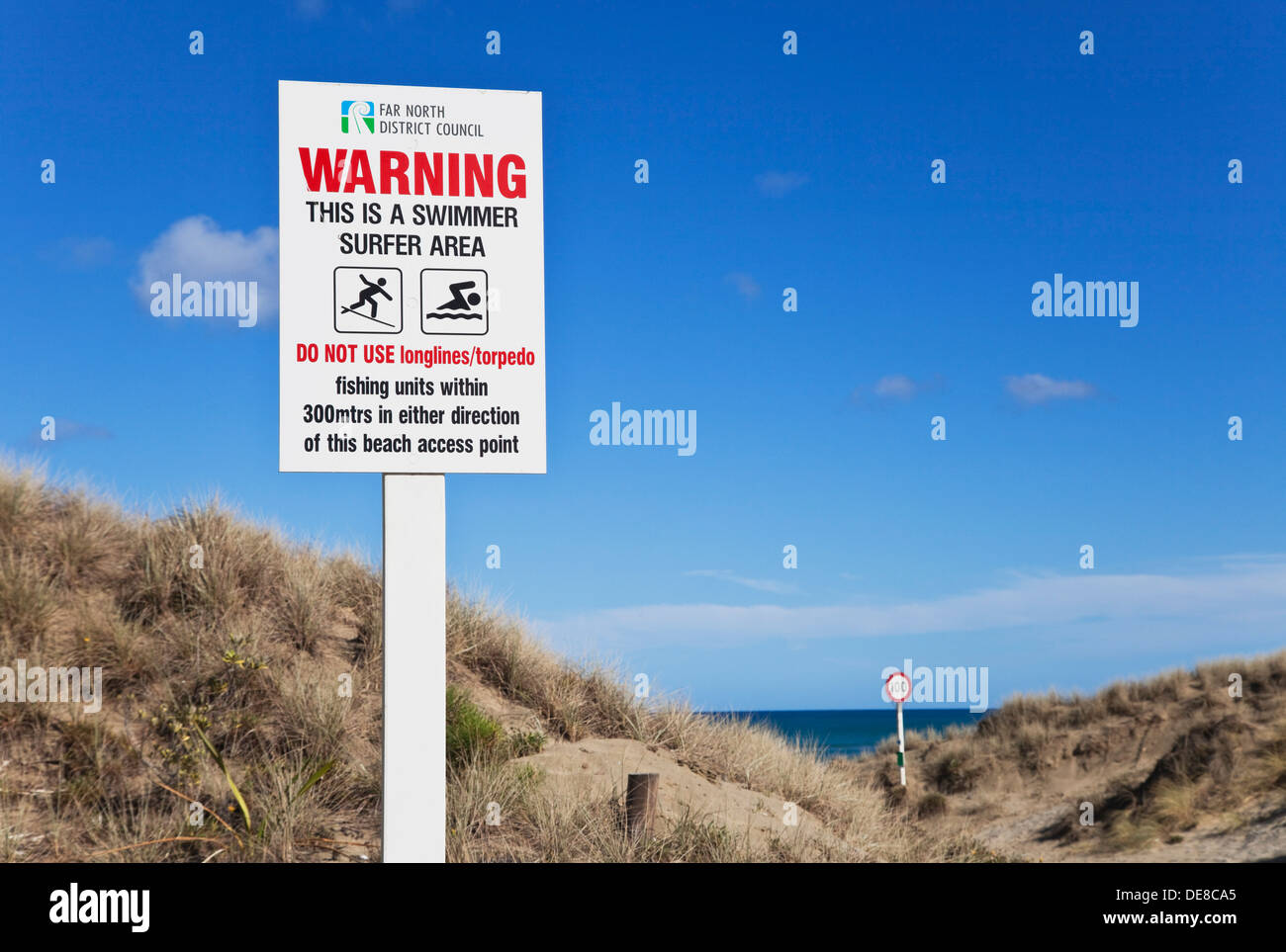 New Zealand, View of Warning and Information Sign at Ninety Mile Beach ...