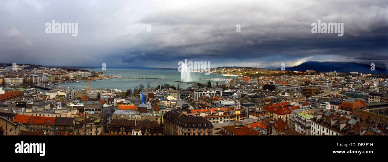 The city of Geneva, the Leman Lake and the Water Jet, in Switzerland ...