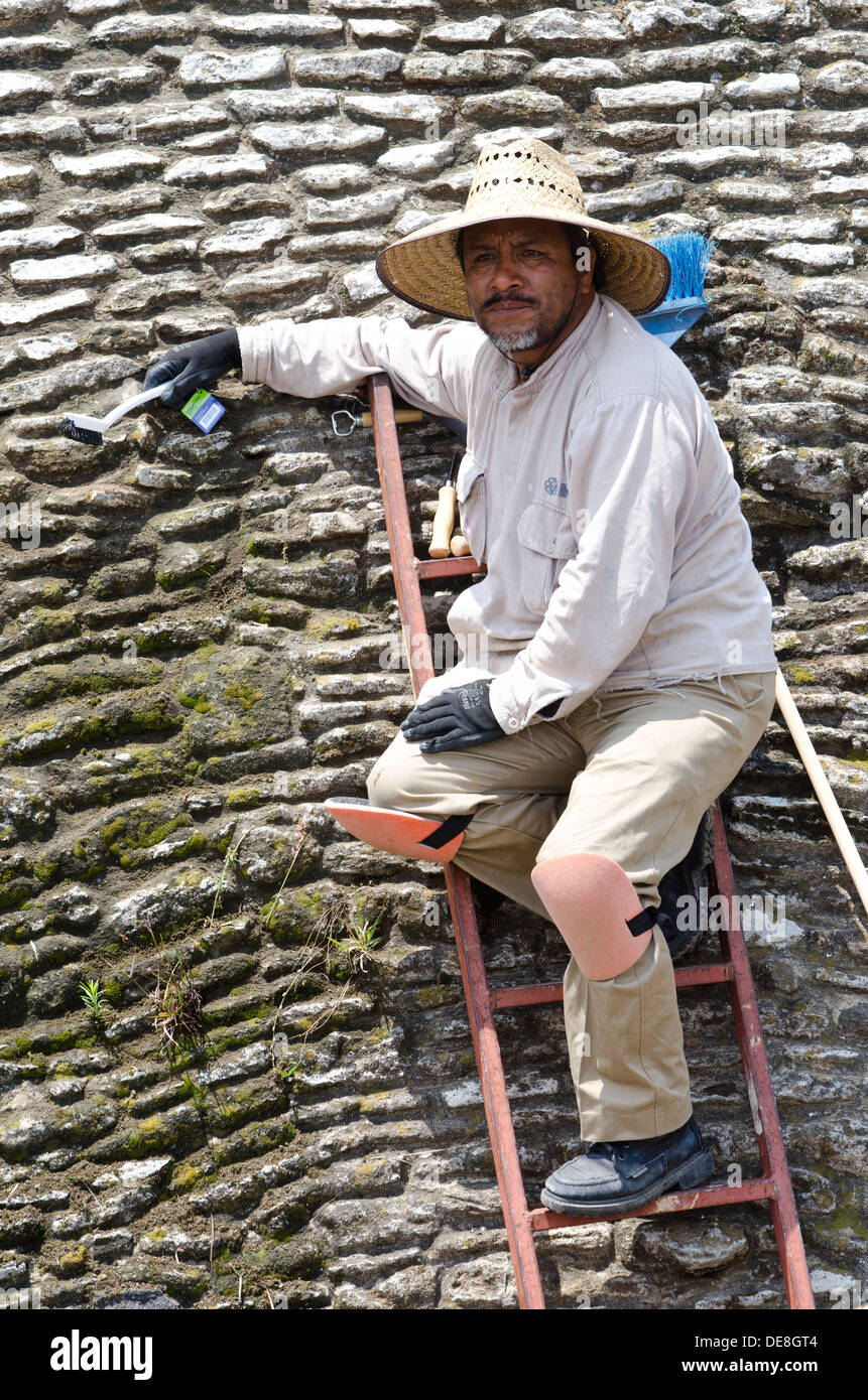 A worker on a ladder cleaning the brickwork of part of the Great ...