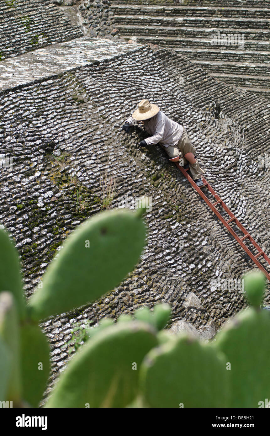 A worker on a ladder cleaning the brickwork of part of the Great ...