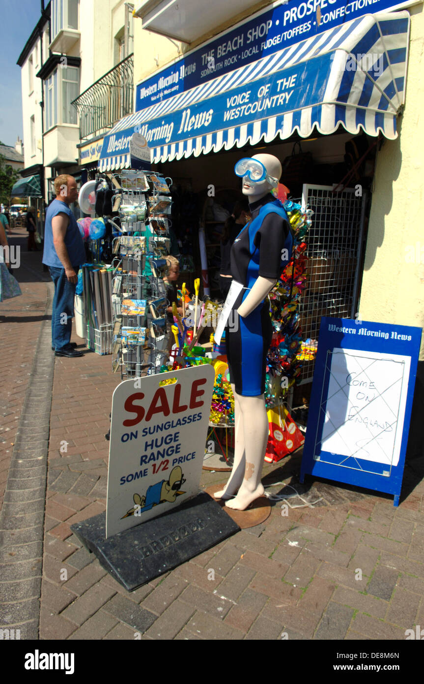 Mannequin wearing a wet suit outside The Beach Shop at Sidmouth, Devon ...