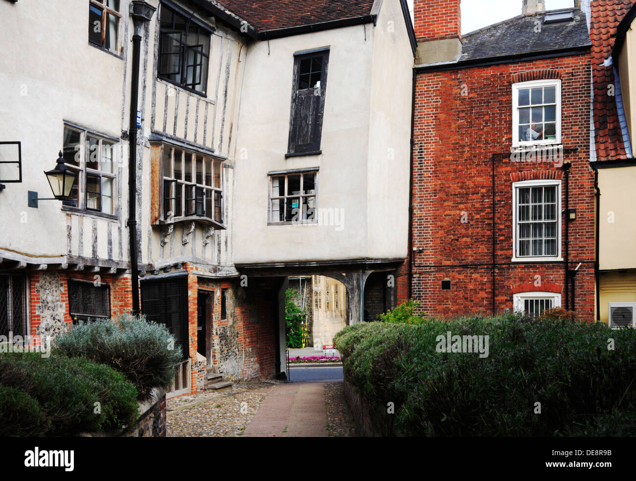 A view of Tombland Alley with medieval buildings in Norwich, Norfolk ...