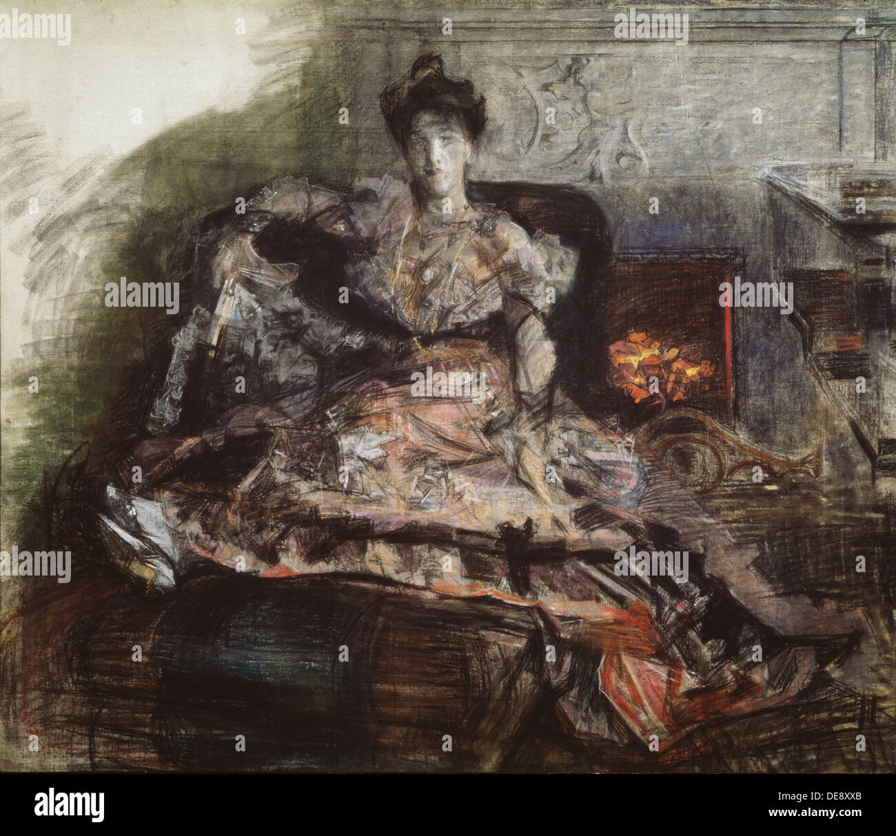 After the Concert. Portrait of N. Zabela-Vrubel at the fireplace in a ...