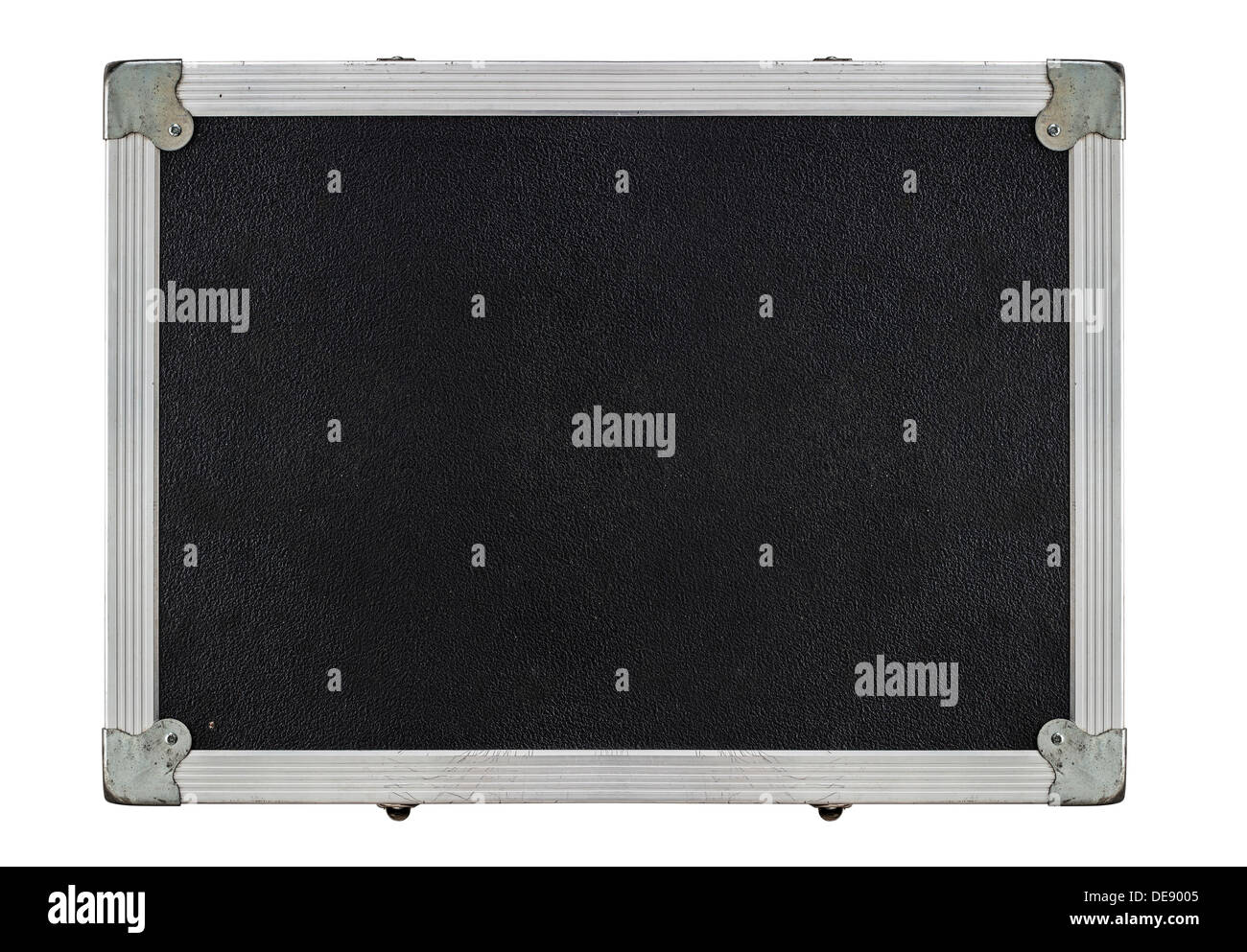 Top view of a black flight case with metallic edges against a white ...