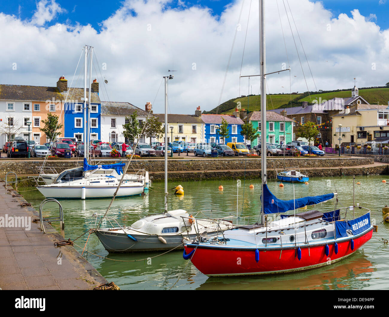 Boats in the harbour in the seaside village of Aberaeron, Ceredigion ...