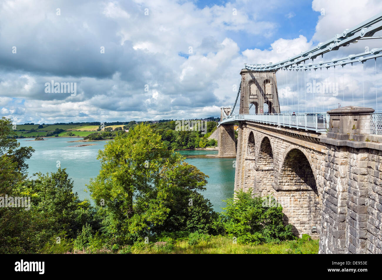 The Menai Suspension Bridge, designed by Thomas Telford, looking across ...