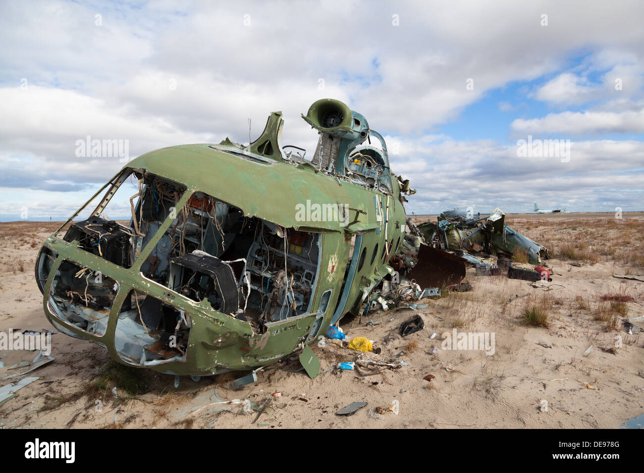 The destroyed helicopter at the dump on Mys Kamenny, Yamal, Russia ...