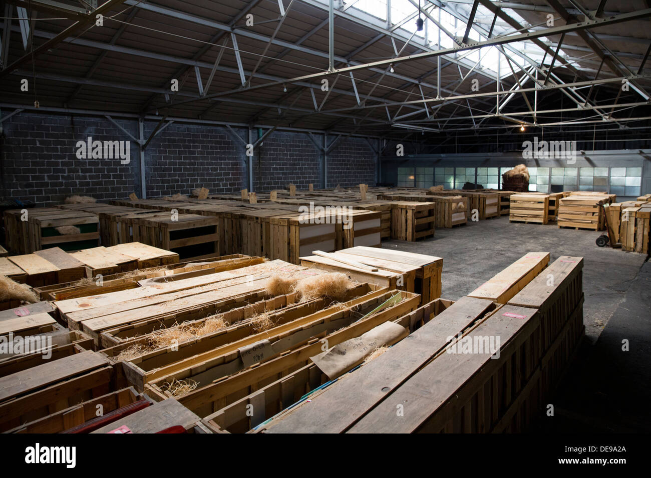 Stained glass panels in storage at the Wissmach Glass Company factory ...