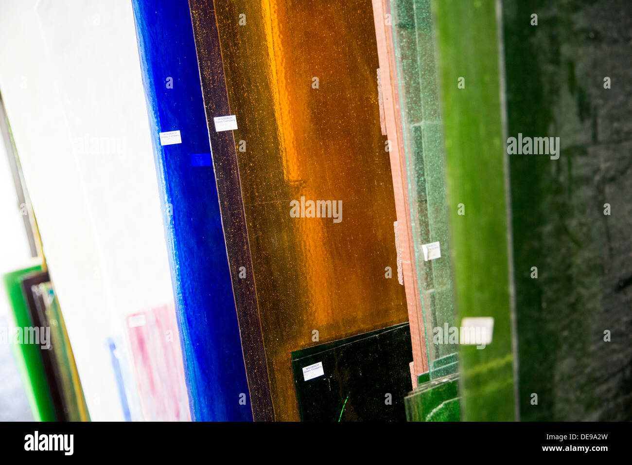 Stained glass panels in storage at the Wissmach Glass Company factory ...