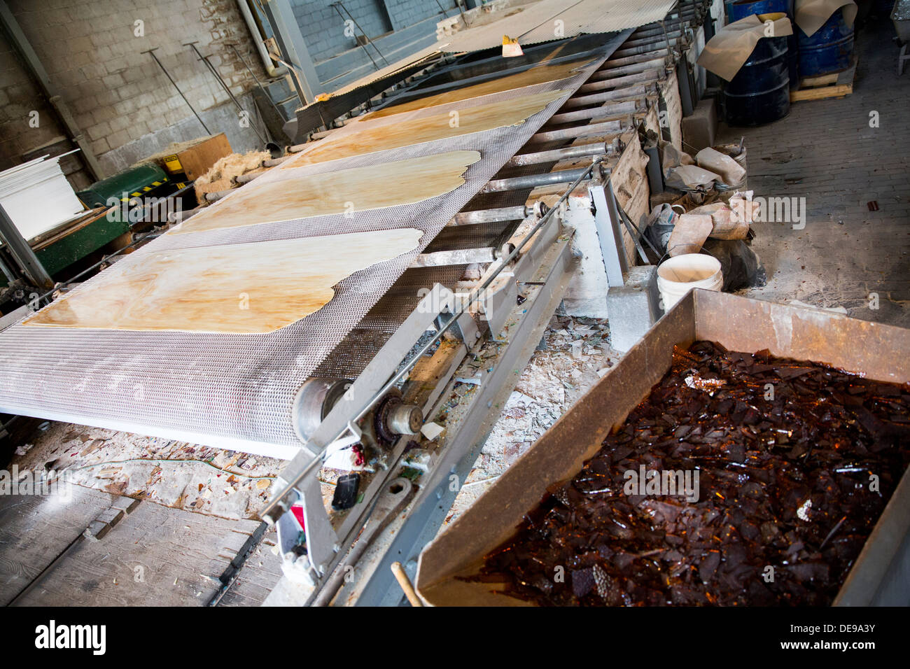 Stained glass panels in storage at the Wissmach Glass Company factory ...