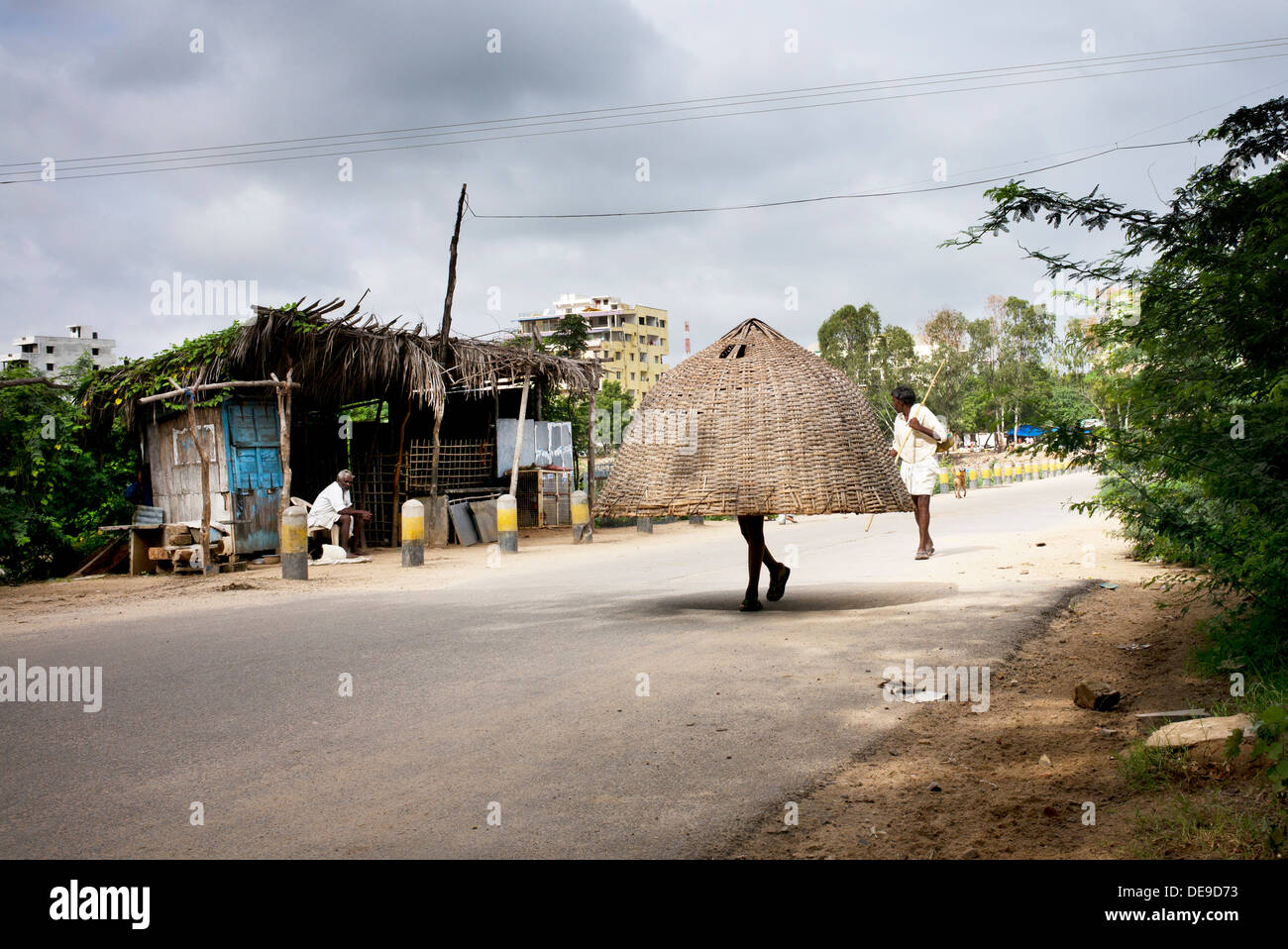Indian man carrying a goat pen walking along a road. Andhra Pradesh ...
