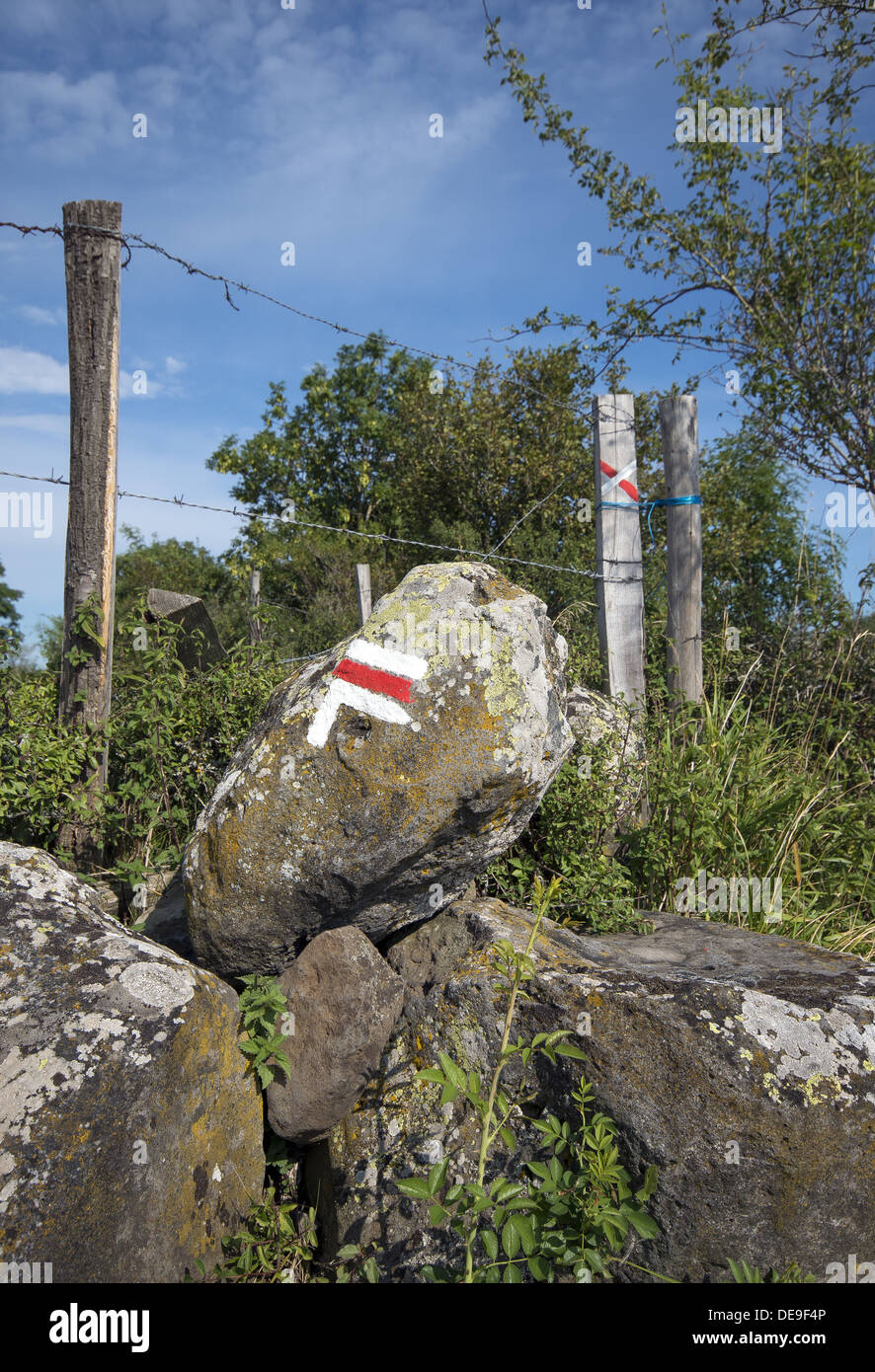 A turn right and no entry cross waymarkers on the GR65 walking route ...