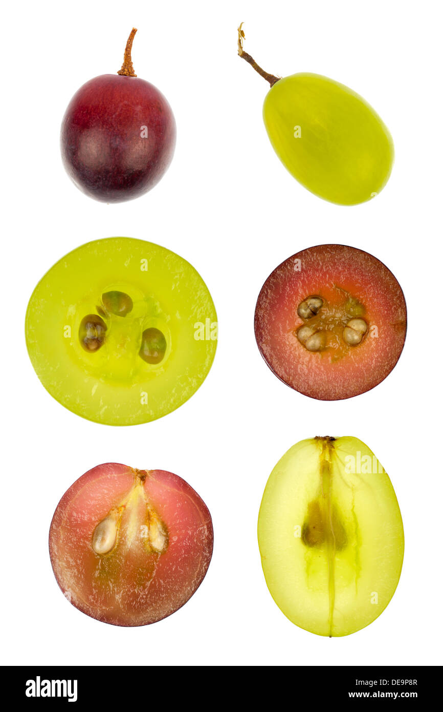 Collage of the in- and outside of red and green grapes isolated in ...