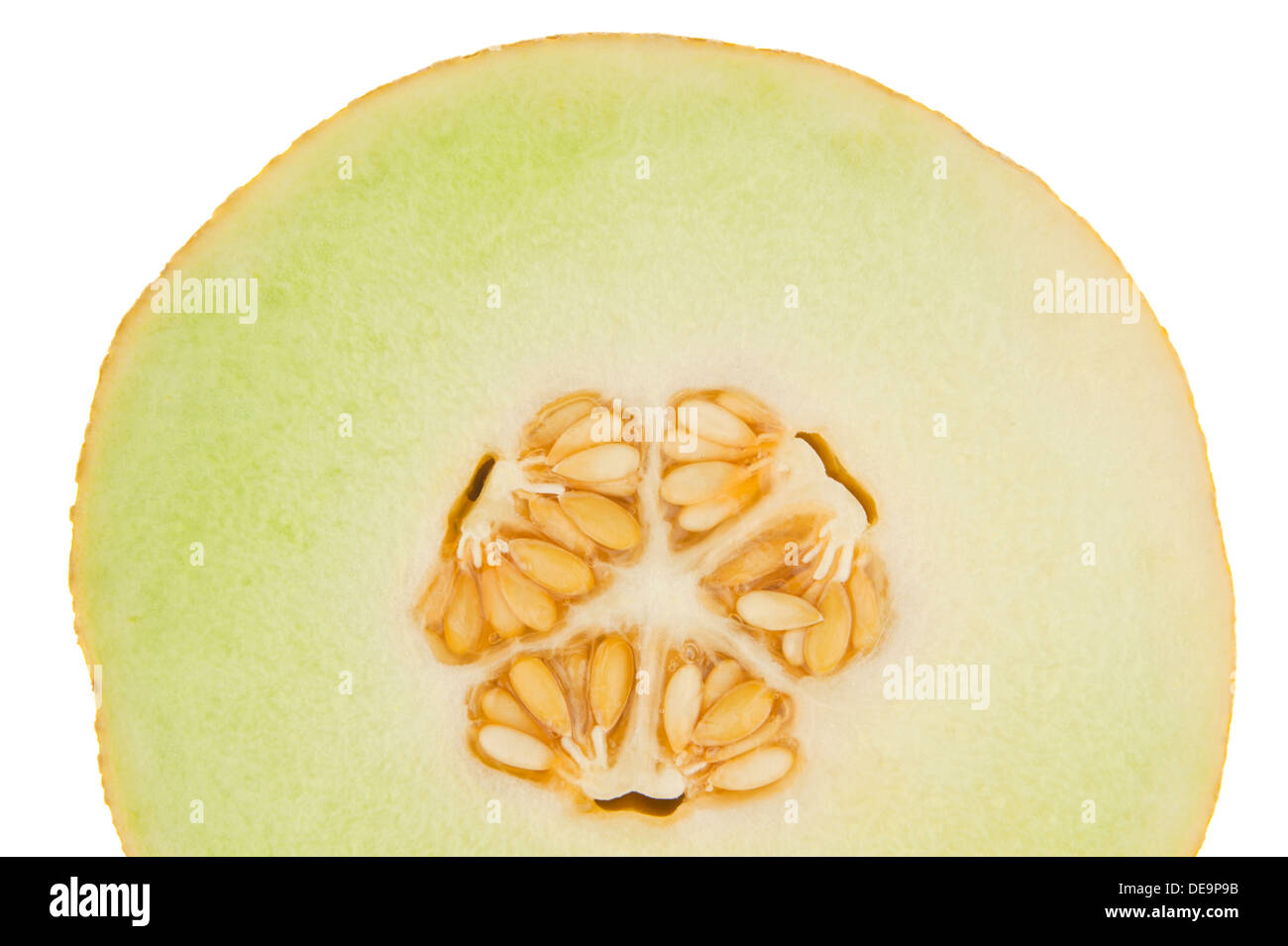 A yellow melon cut across with three sections core isolated in white ...