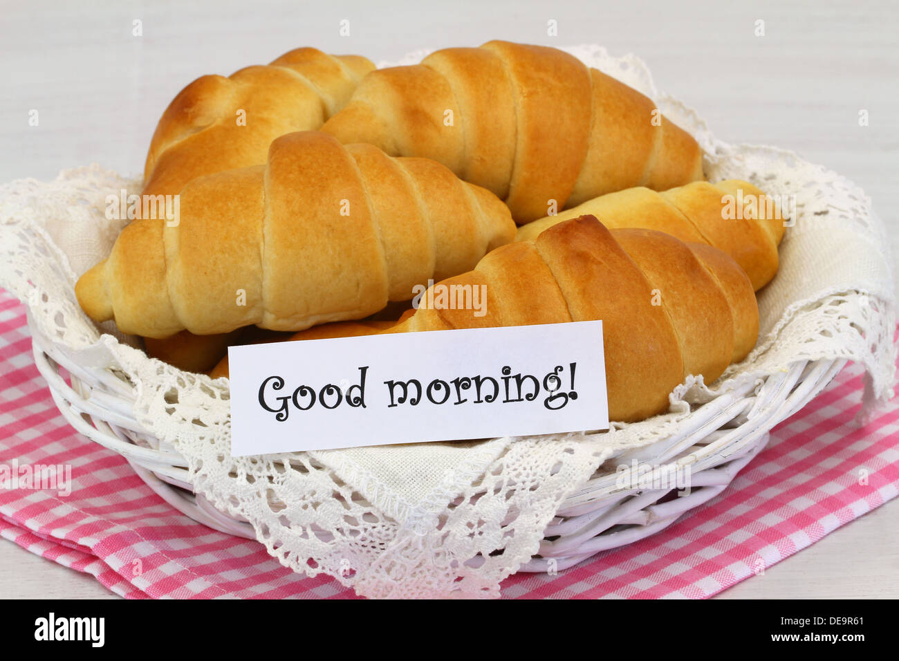 Good morning card with basket full of butter croissants Stock Photo - Alamy
