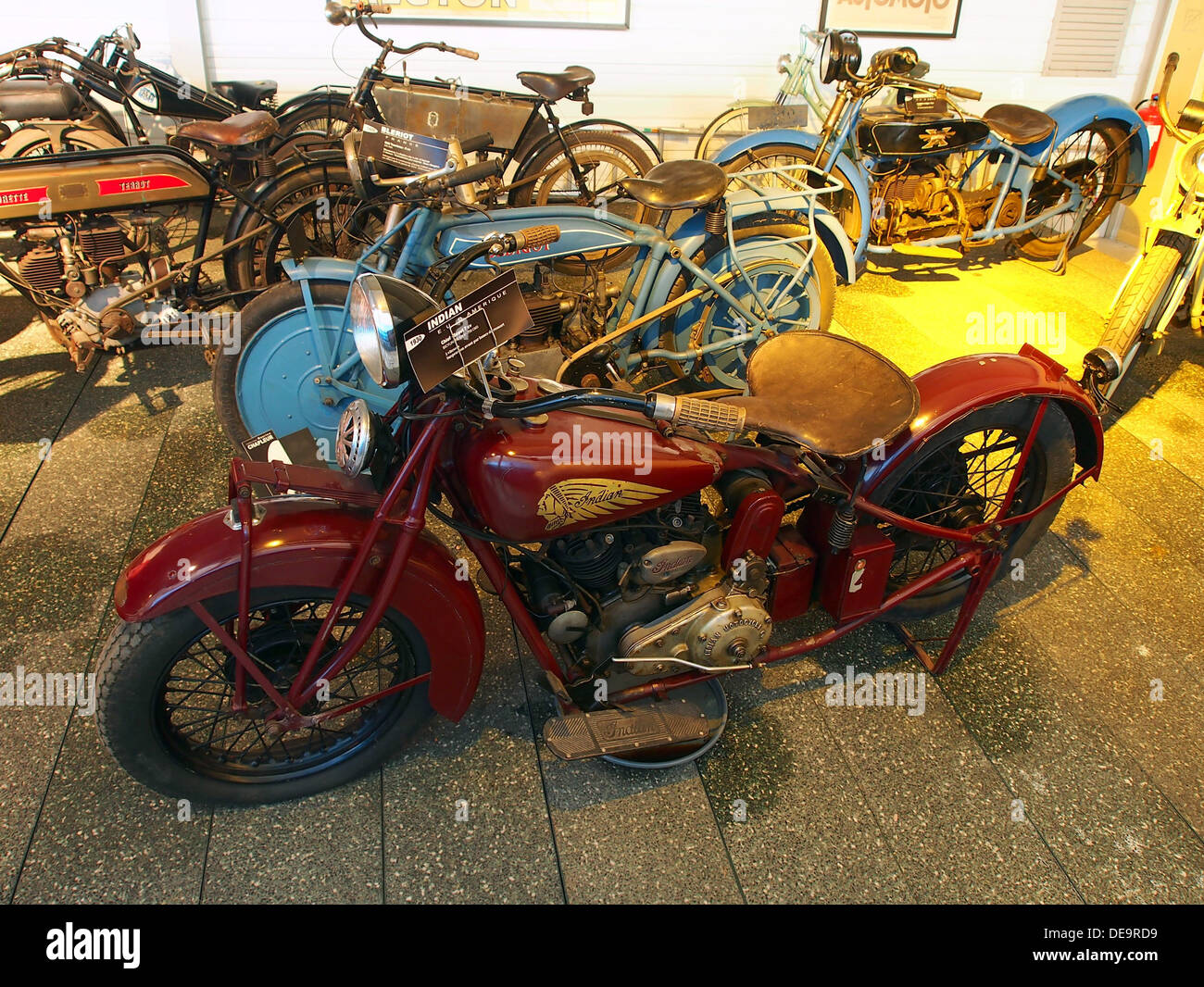 The 1930 Indian Chief Scout 7cv is a classic motorcycle displayed at the Musée de la Moto et du ...