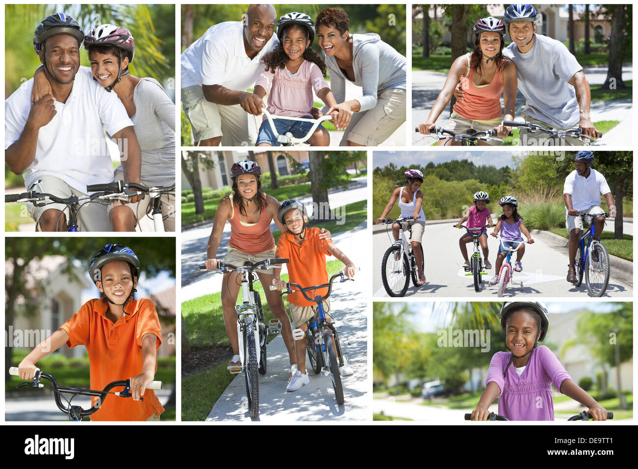 Montage of fit, happy and healthy African American family bike riding ...