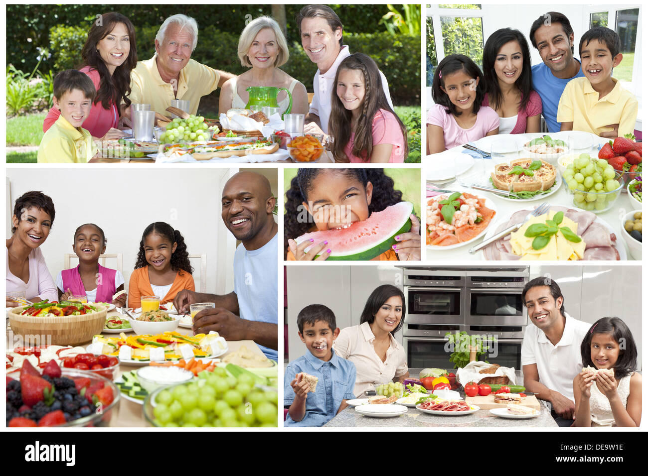 Montage of families and senior people eating fresh healthy lifestyle ...