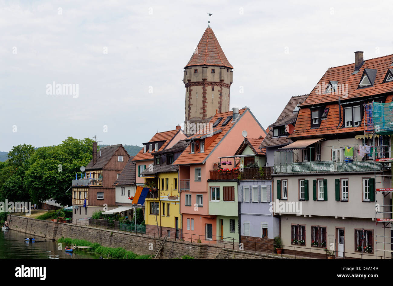 Harbor of river Tauber and Spitzer Turm in Wertheim, Baden-Wuerttemberg ...